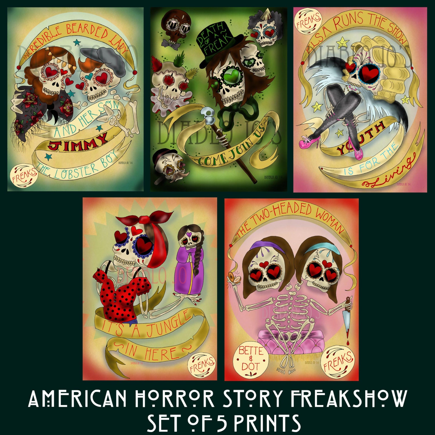AHS American Horror Story Freakshow set of 5 sugar skull art by ...