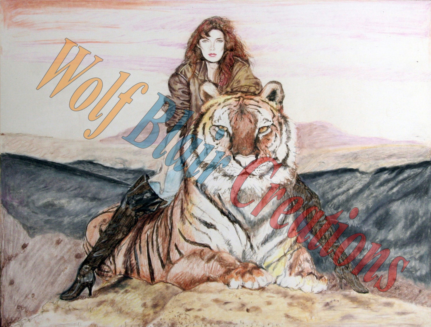 Lady and Tiger Drawing Print 11x17