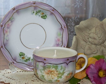 Lavender Fragrance Vintage PK Silesia Tea Cup and Saucer Homemade Pure Soy Candle