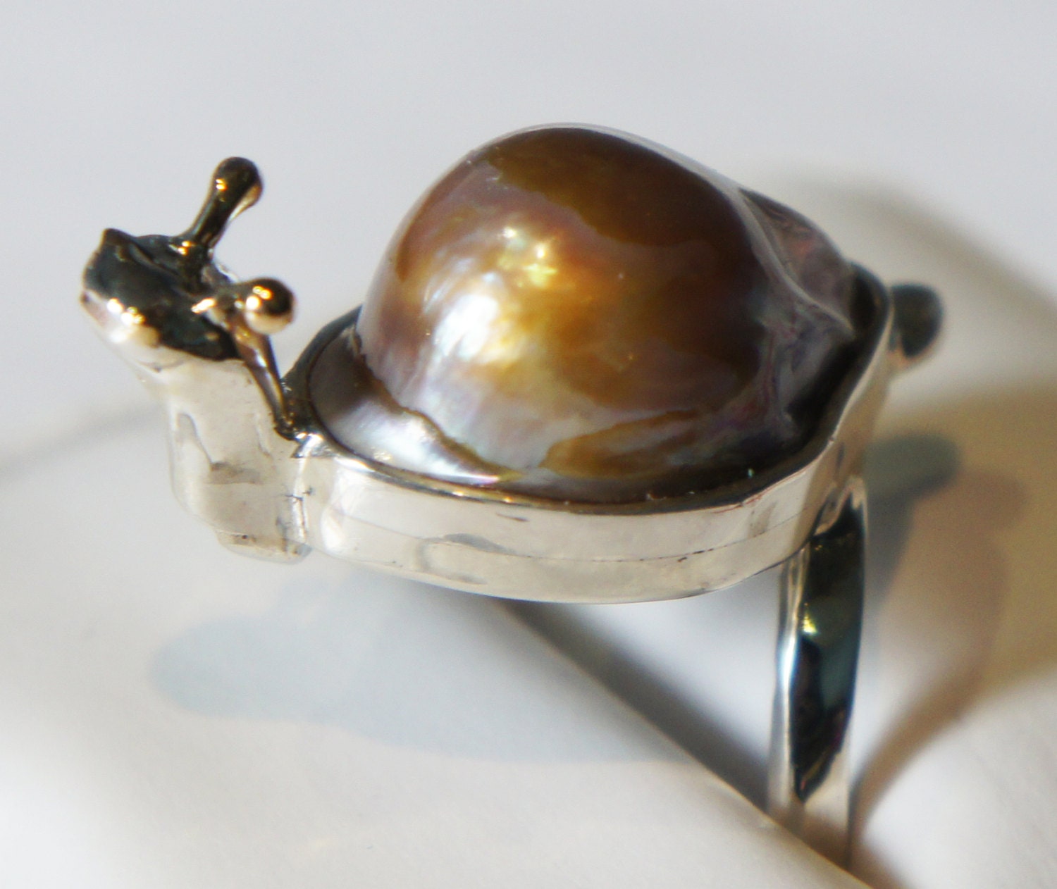 Baroque Pearl Snail Ring Sterling Silver 14kt Gold Accents