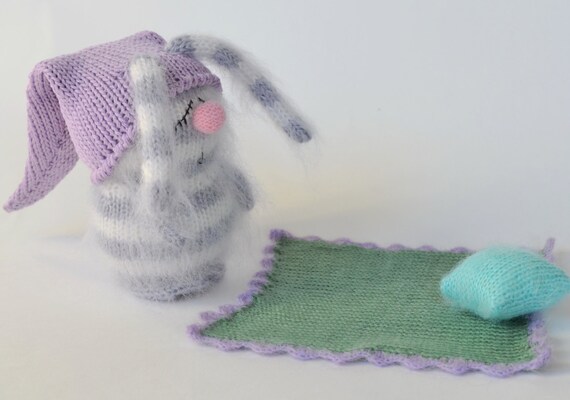Snoozy Grey Bunny with Blanket & Pillow Hand-knitted bunny