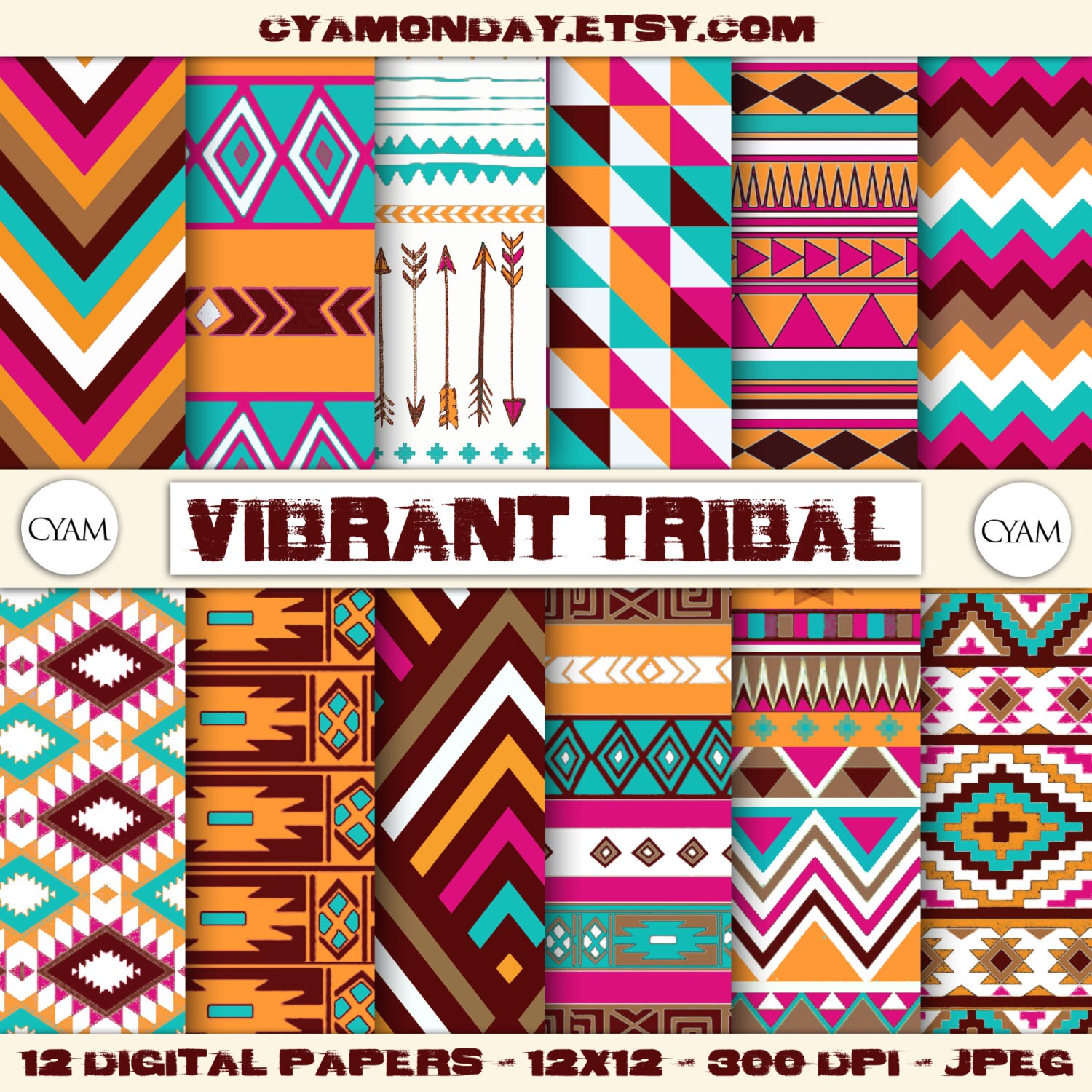 Vibrant Tribal Scrapbook Digital Paper: Instant Download.