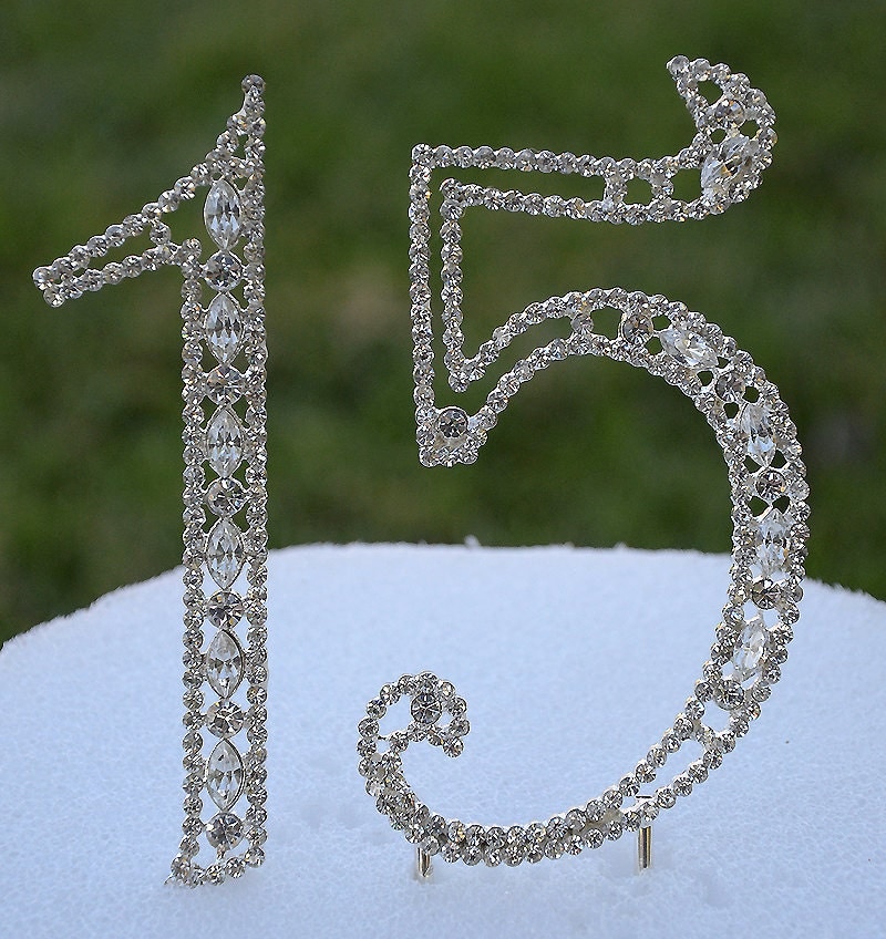 New Large 5 Crystal Rhinestone NUMBER 15 Cake Topper