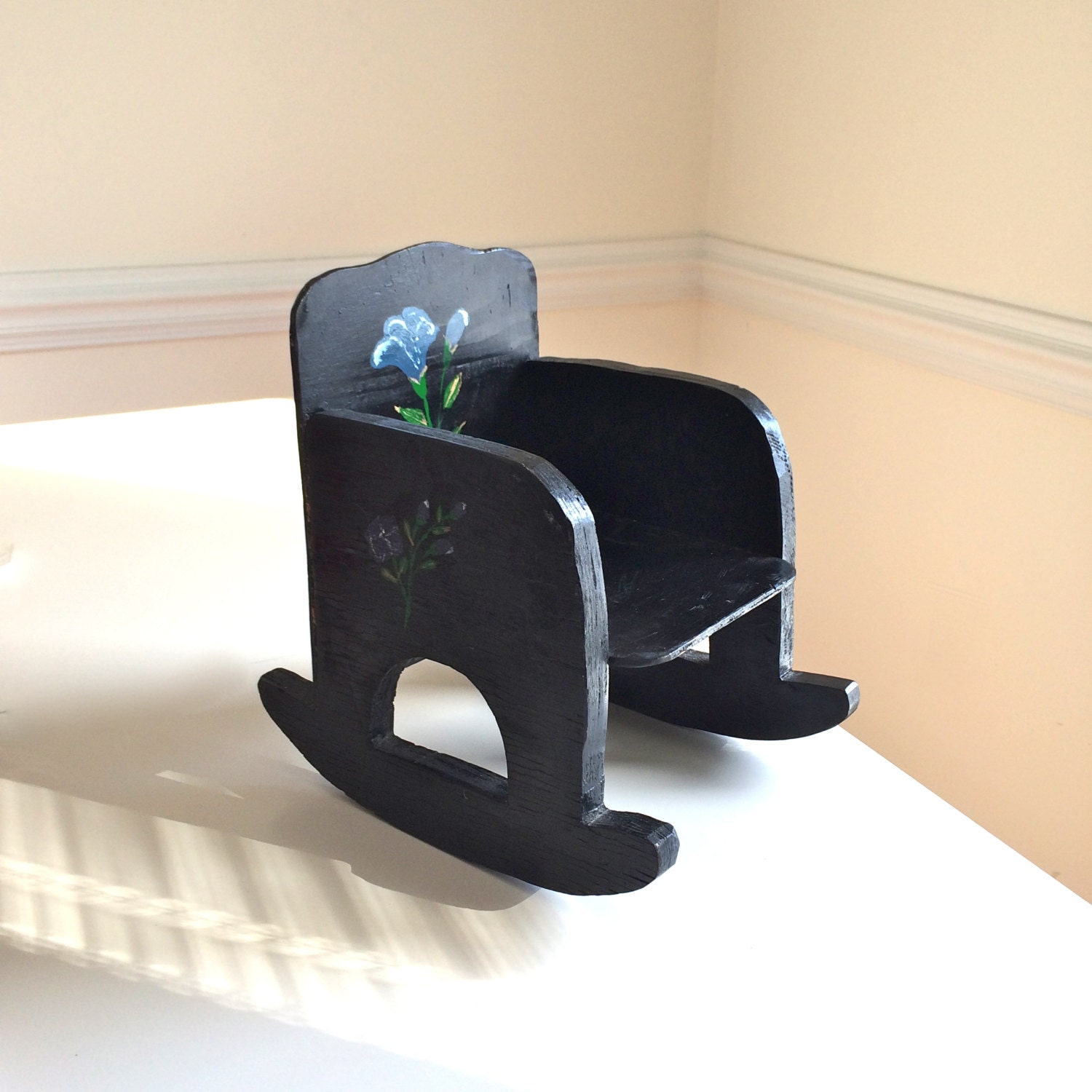 Vintage Folk Art Doll Rocking Chair Wood Chair Hand Painted Black with ...