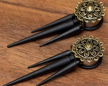 11/16" antique gold and black spike dangle gauges plugs