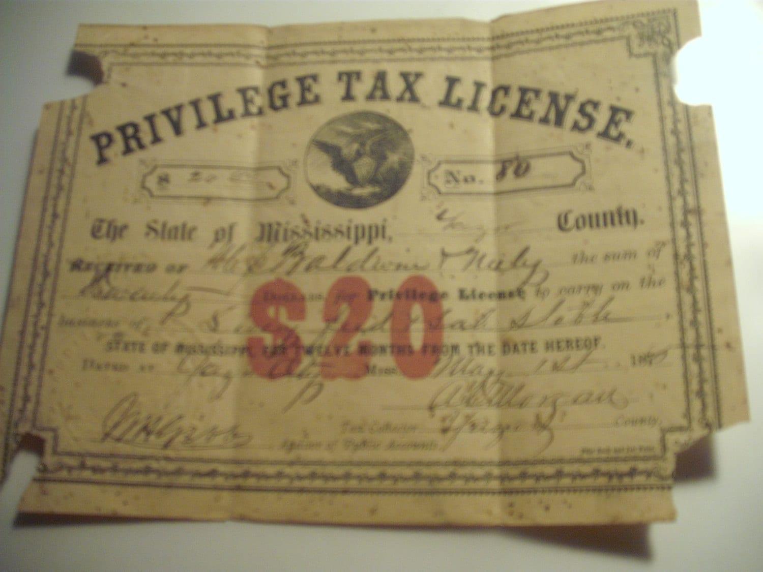 1875 Mississippi Privilege Tax License Yazoo by VINTAGEBYRUBYLANE