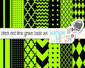 Lime Green & Black Digital Paper Pack – scrapbooking paper in stripes ...