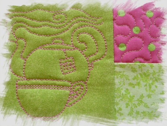 Mug Rug with Pocket & Redwork Teapot and Cup In by AnnesEmbroidery