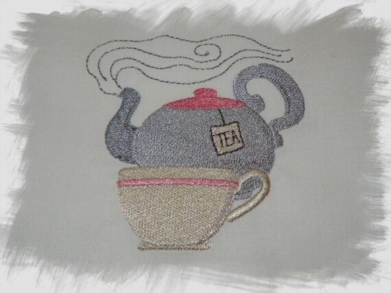 Teapot and Cup Machine Embroidery Design with free Redwork