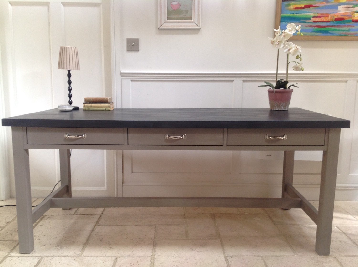 Huge Hand Painted Industrial Style Solid Pine Grey Black Desk Dining ...