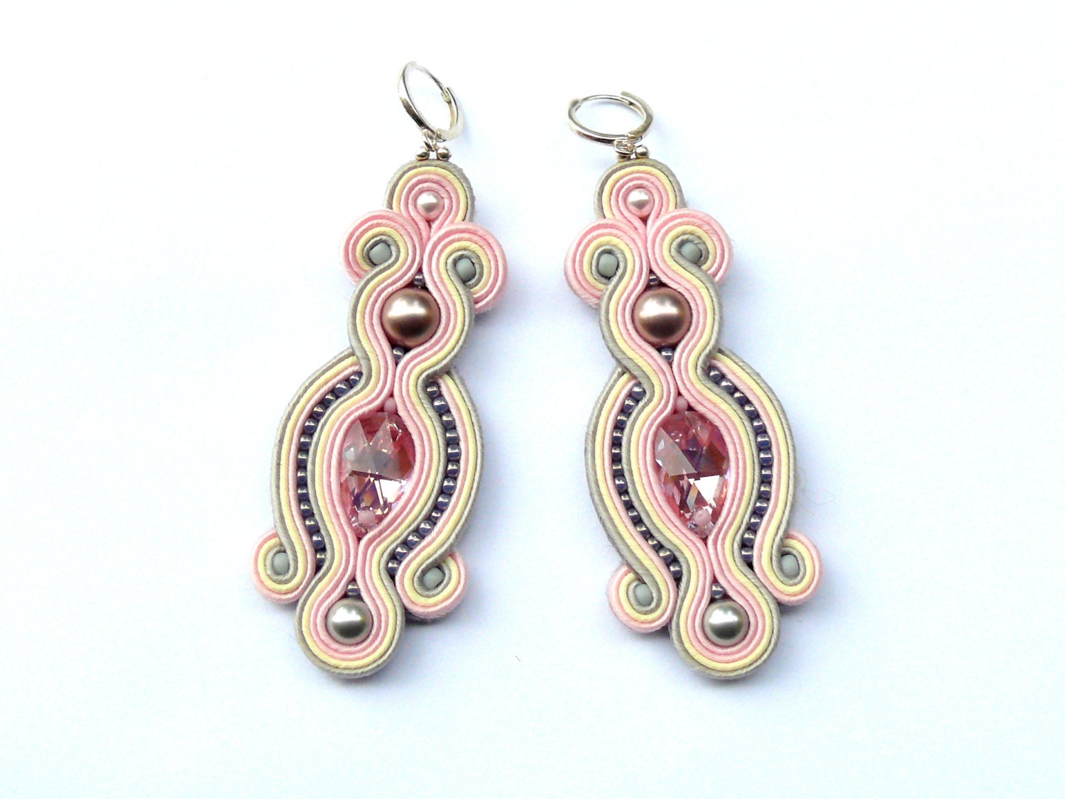Pastel Pink. Hand embroidery soutache earrings with Swarovski