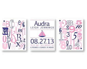 Nautical Nursery, Pink nautical, baby birth stats, kids wall art, Birth ...