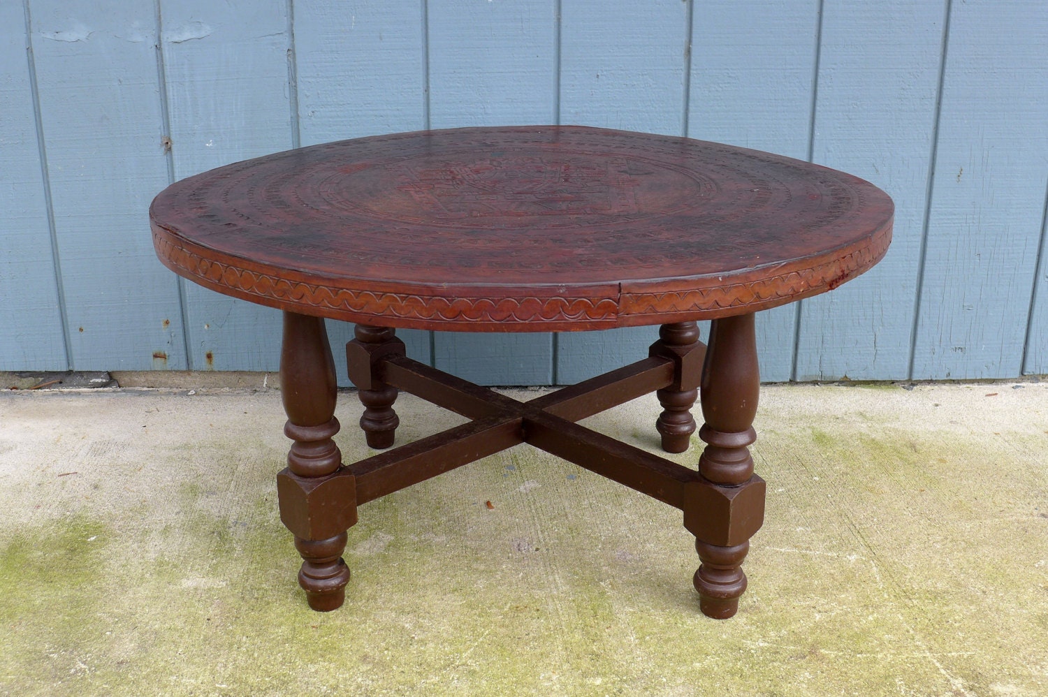Hand Tooled Leather Top Coffee Table with Inca Designs Dark Brown Boho ...