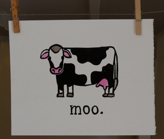moo. cow linoleum print ORIGINAL 8 x 10 paper hand colored