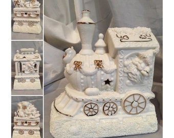 Lighted Christmas Train Set, Ivory Porcelain with Gold Trim, Elegant ...