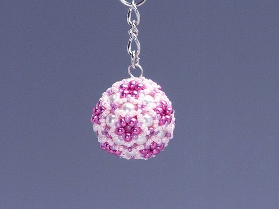Christmas ball key chain pink star flower ball by ChikaBeadwork