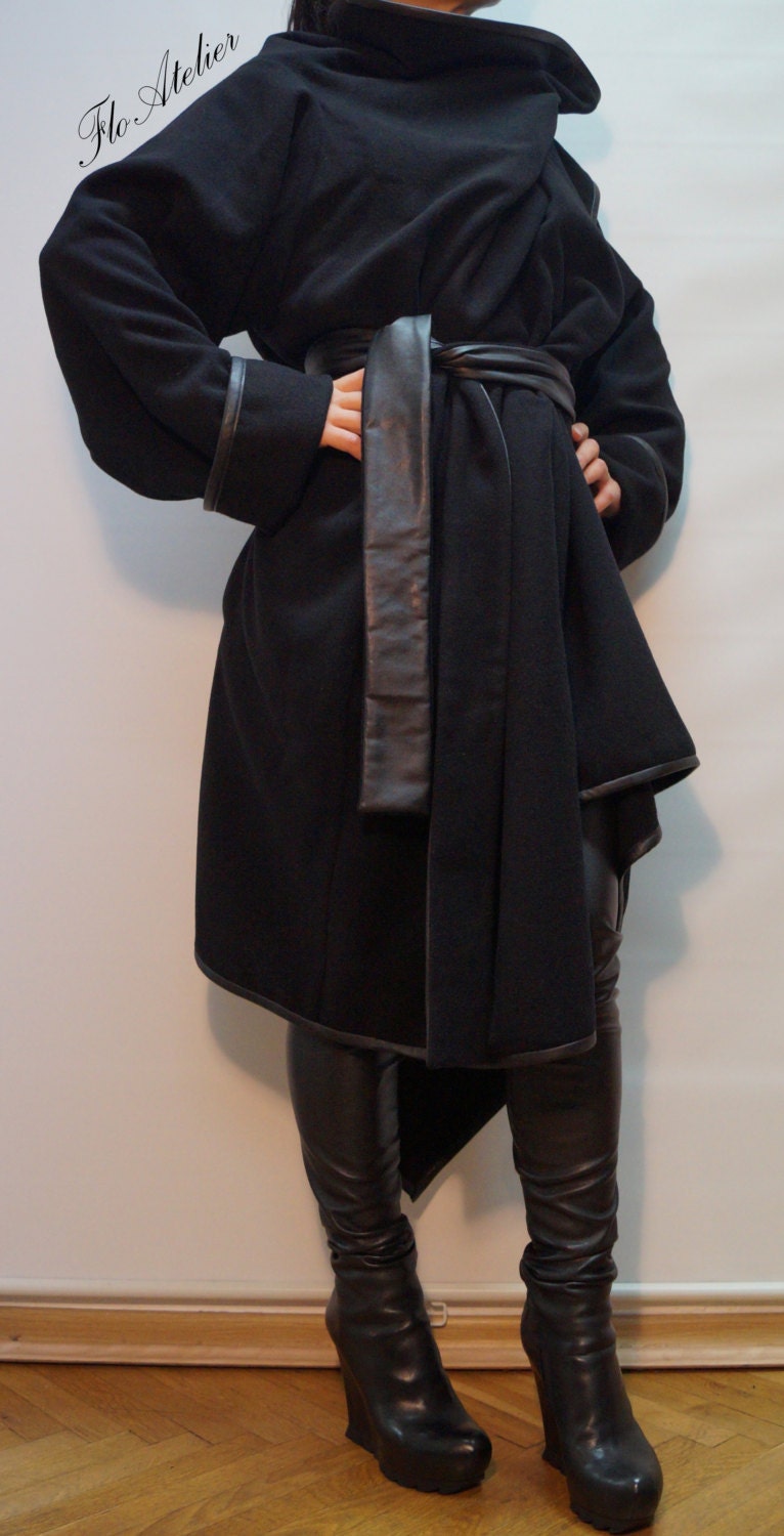 High Collar Coat/Asymmetrical Coat with Pockets/ by FloAtelier