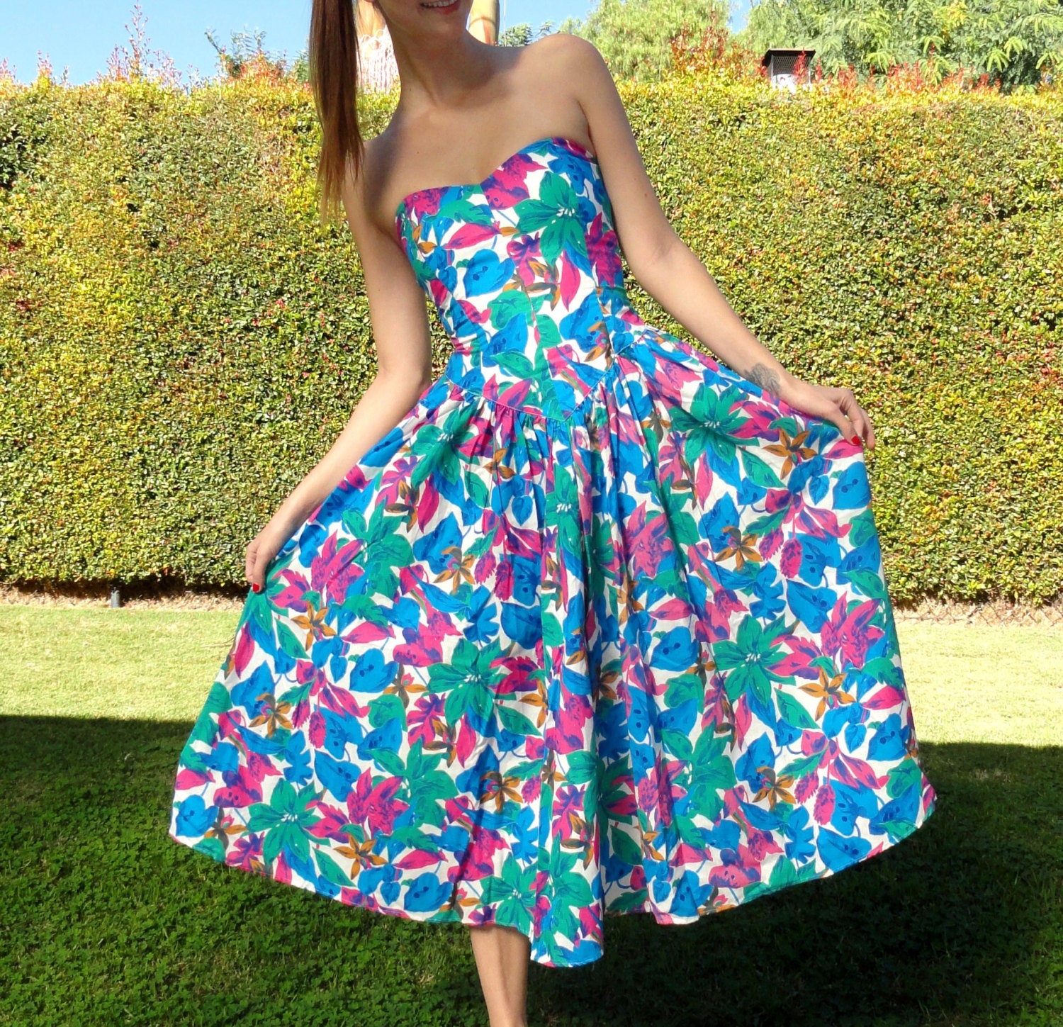 Vintage Blue Floral Dress, Strapless Dress, Mid Length with Blue Flower ...