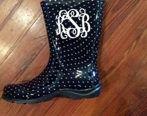 Monogram Rain Boots Black & White Polka Dot