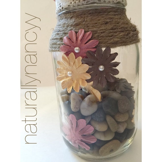 Items similar to Decorative Large Mason Jar with Pebbles, Flowers, and ...