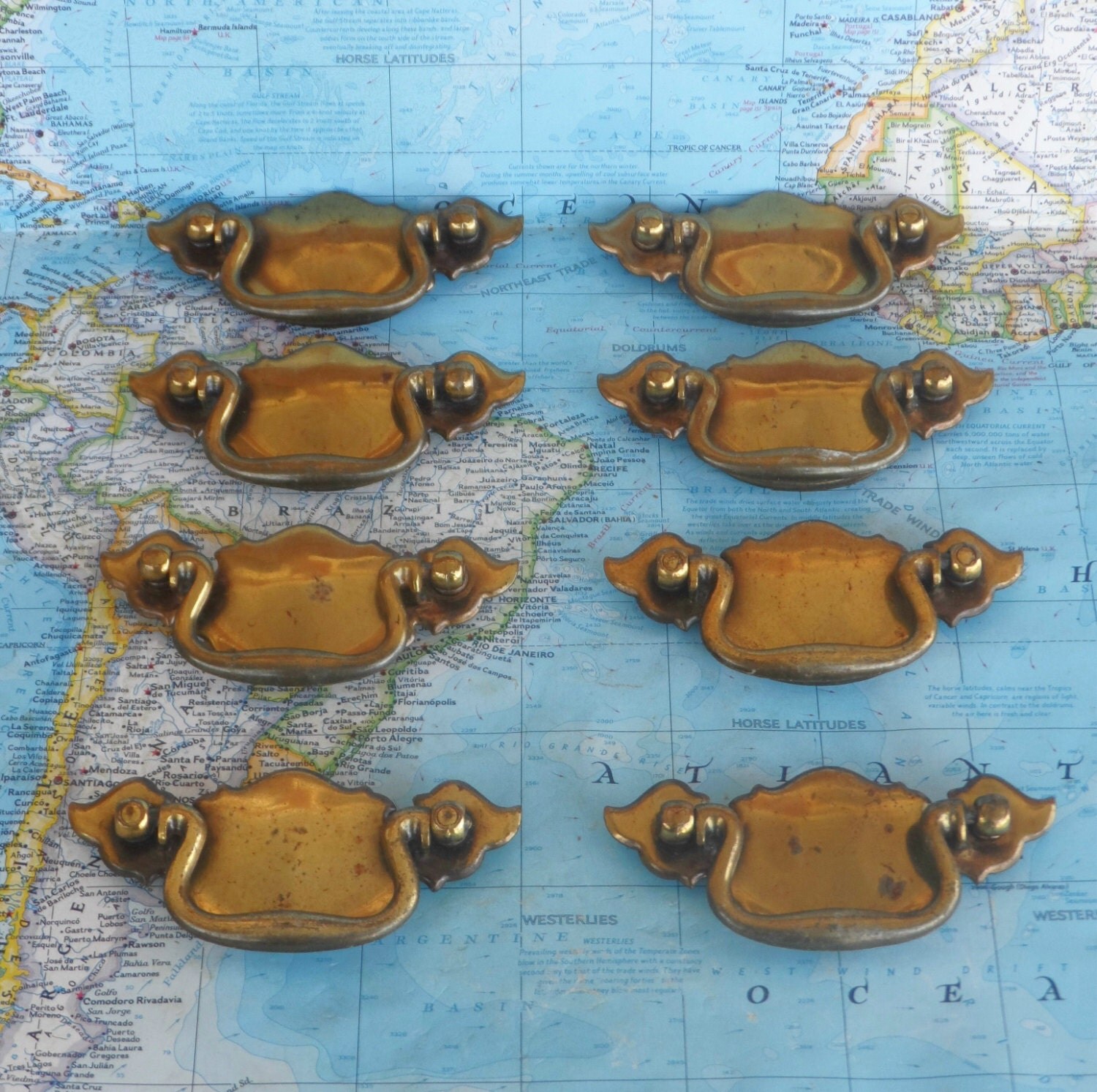 SALE! 8 vintage curved distressed shiny brass metal pull handles ...