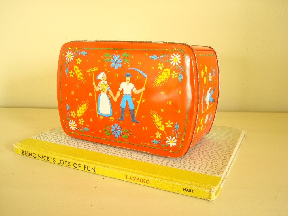 Vintage red tin storage box, Pennsylvania Dutch vintage tin storage ...
