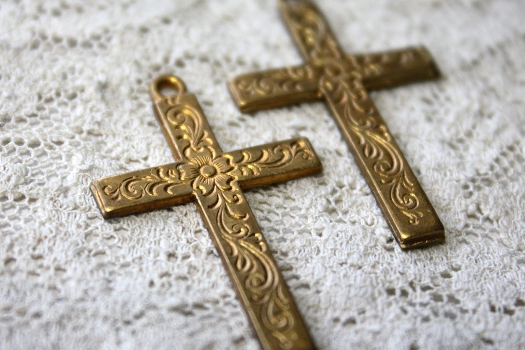 2 Vintage 1950s Antique Brass Cross Pendants // 50s 60s Crosses ...