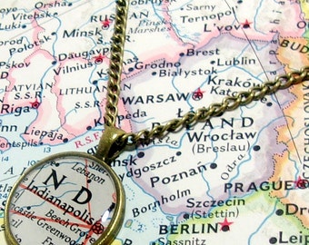 Indianapolis, Indiana 1959 Map Necklace. Map Pendant. Map Jewelry.