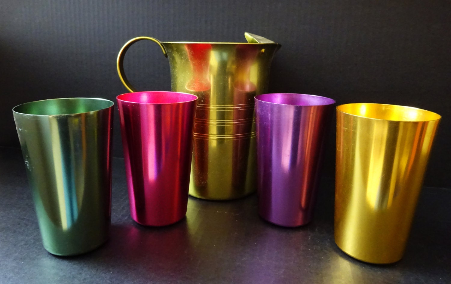Vintage aluminum tumblers & pitcher cups glasses mid-century