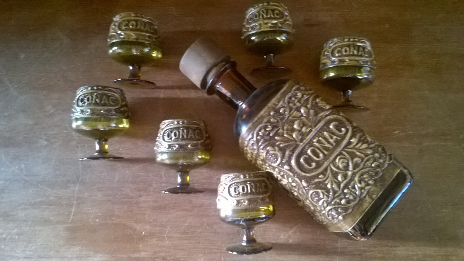 Vintage Spanish Cognac Conac brown glass decanter with 6 glasses circa ...