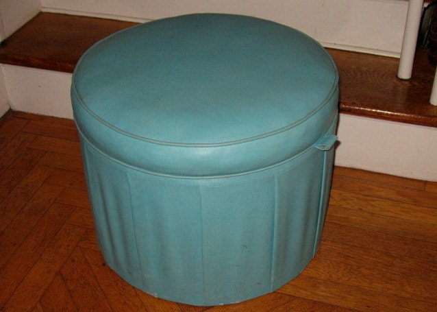 Vintage Ottoman Hassock Round with Storage Turquoise Color Retro 20 ...