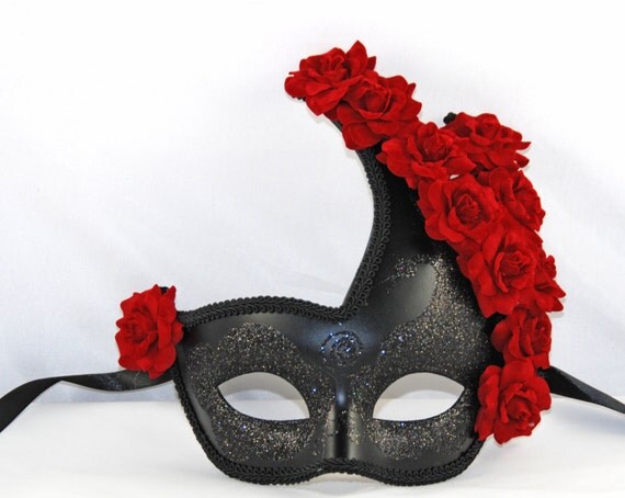 Black Masquerade Mask with Red Roses Costume Ball Mask