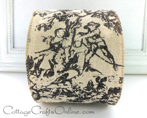 Wired Ribbon 4 wide Black Cream Toile Print by CottageCraftsOnline