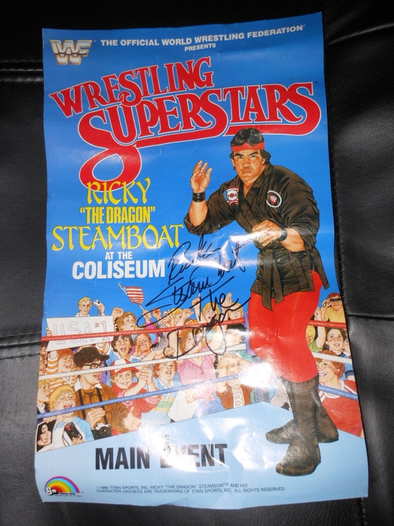 signed 1980's WWF LJN Ricky The Dragon Steamboat poster