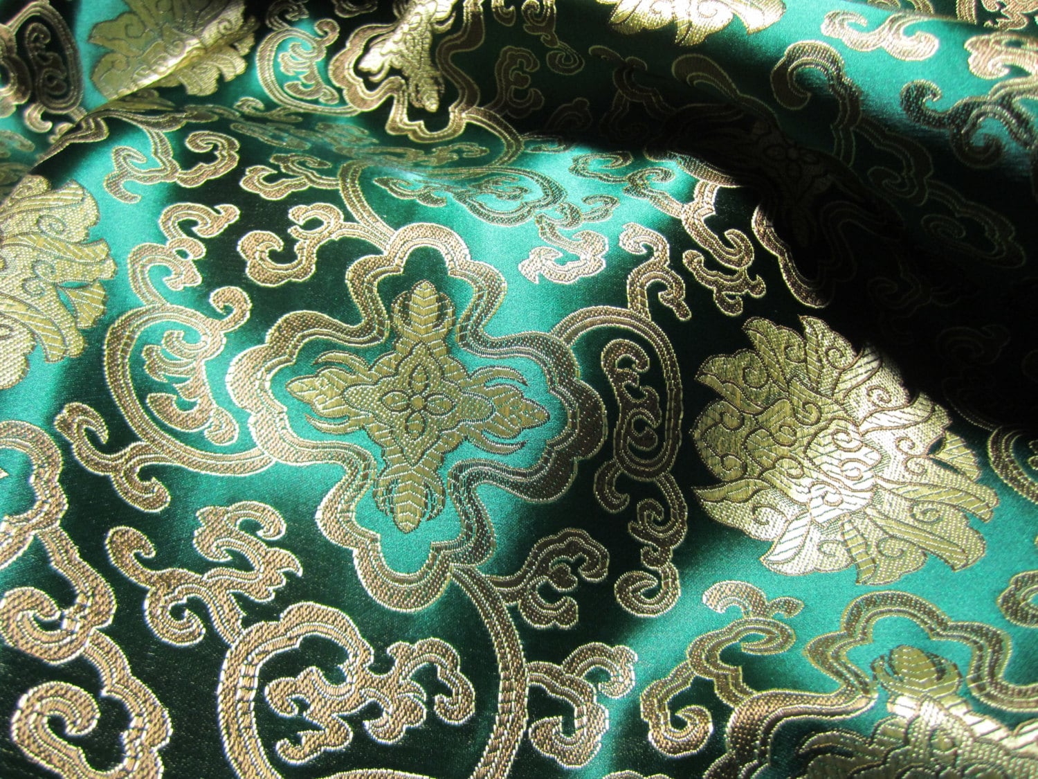 Chinese satin brocade in green and gold ONE yard vibrant