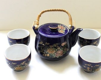 Vintage Blue Japanese Tea Set, Four Cups, Teapot with Wicker Handle ...