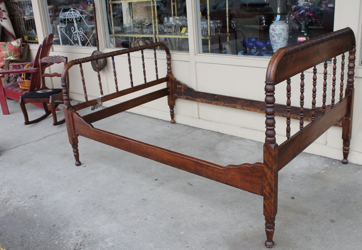 Antique Jenny Lind bed with spool-turned spindles, rails, slats, wheels ...