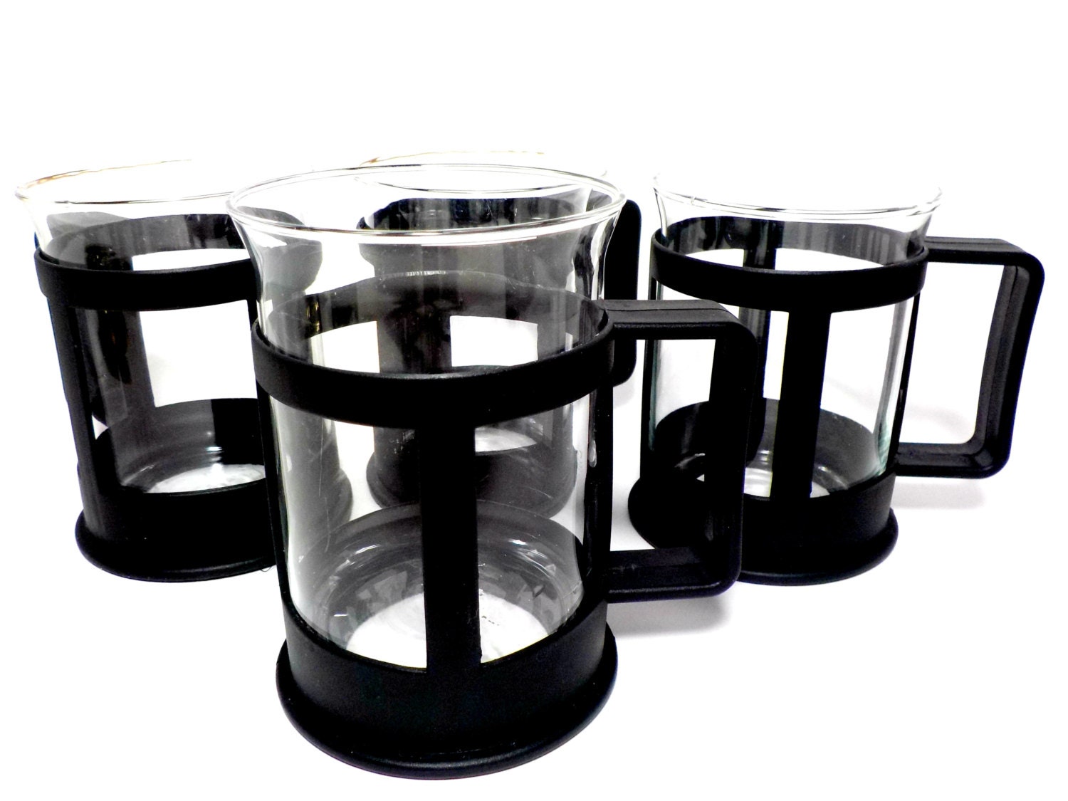 Set of 4 Black Resin Cup Mugs with Glass Inserts, Black Modern Cup ...