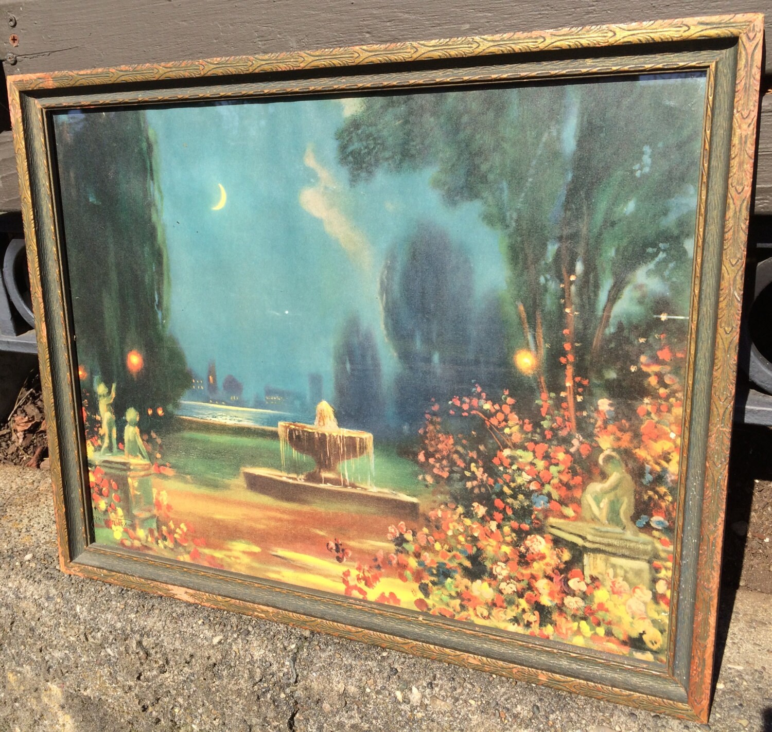 R Atkinson Fox Moonlight & Roses 1927 Print in Original Frame