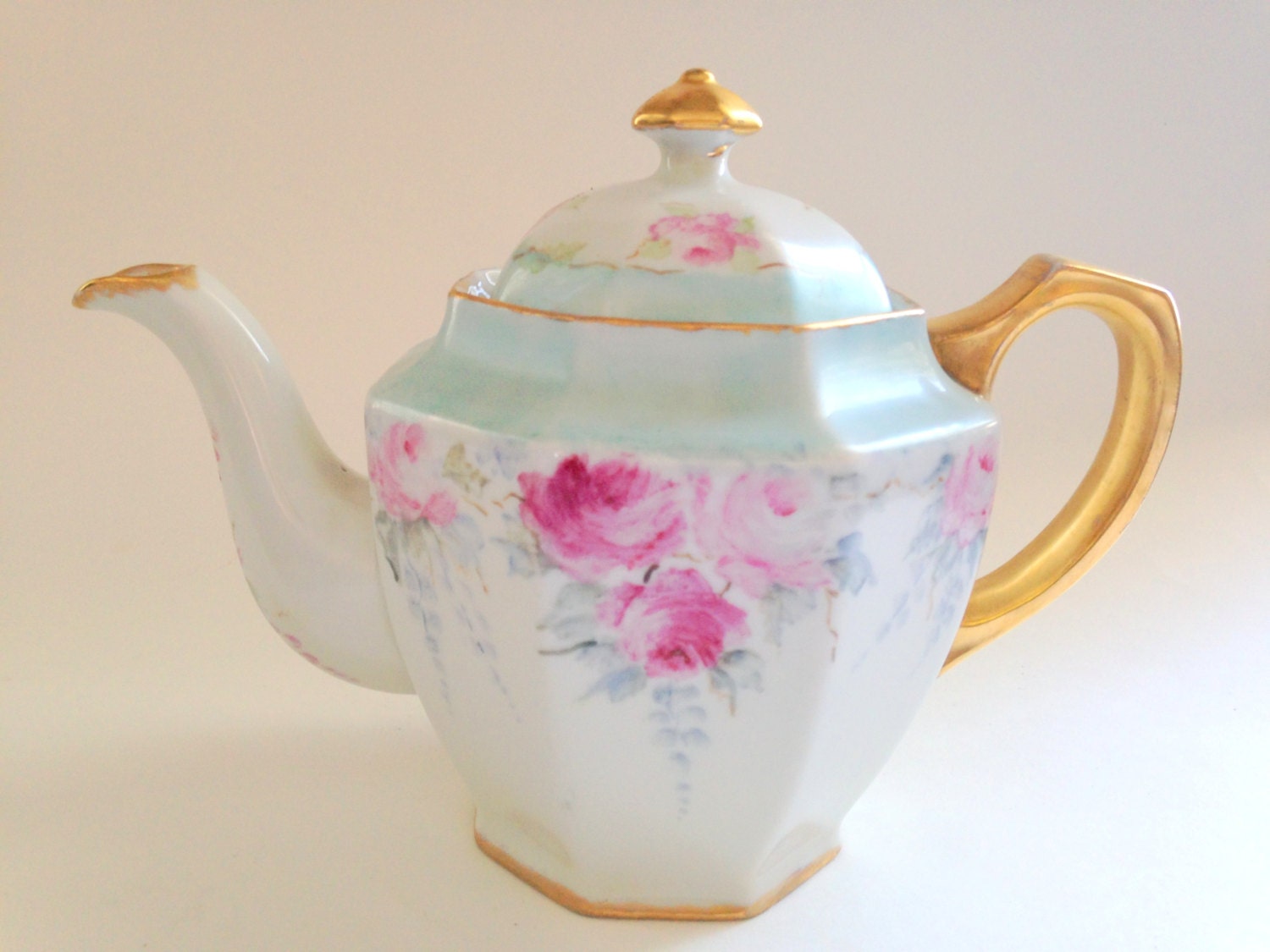 Elegant Aqua and Rose Bavarian Teapot with Gold Trim, German Tea Set ...