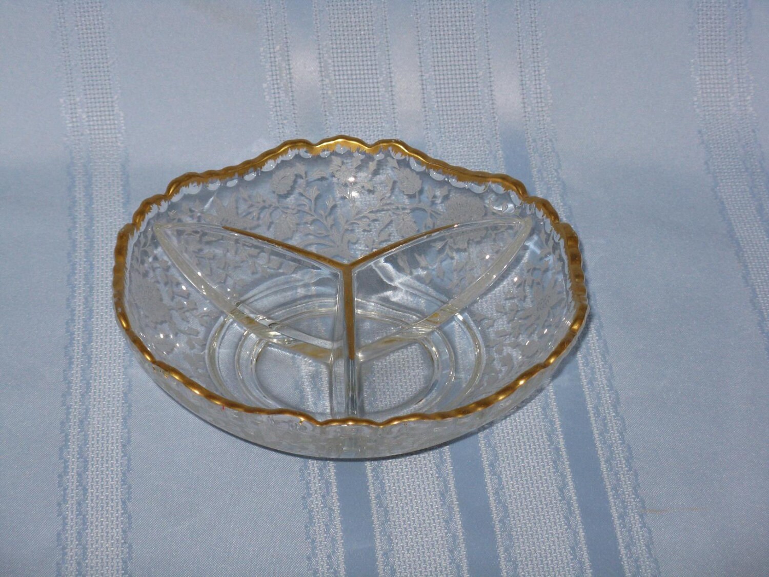 Vintage glass divided bowl clear etched flowers gold rim nuts three ...