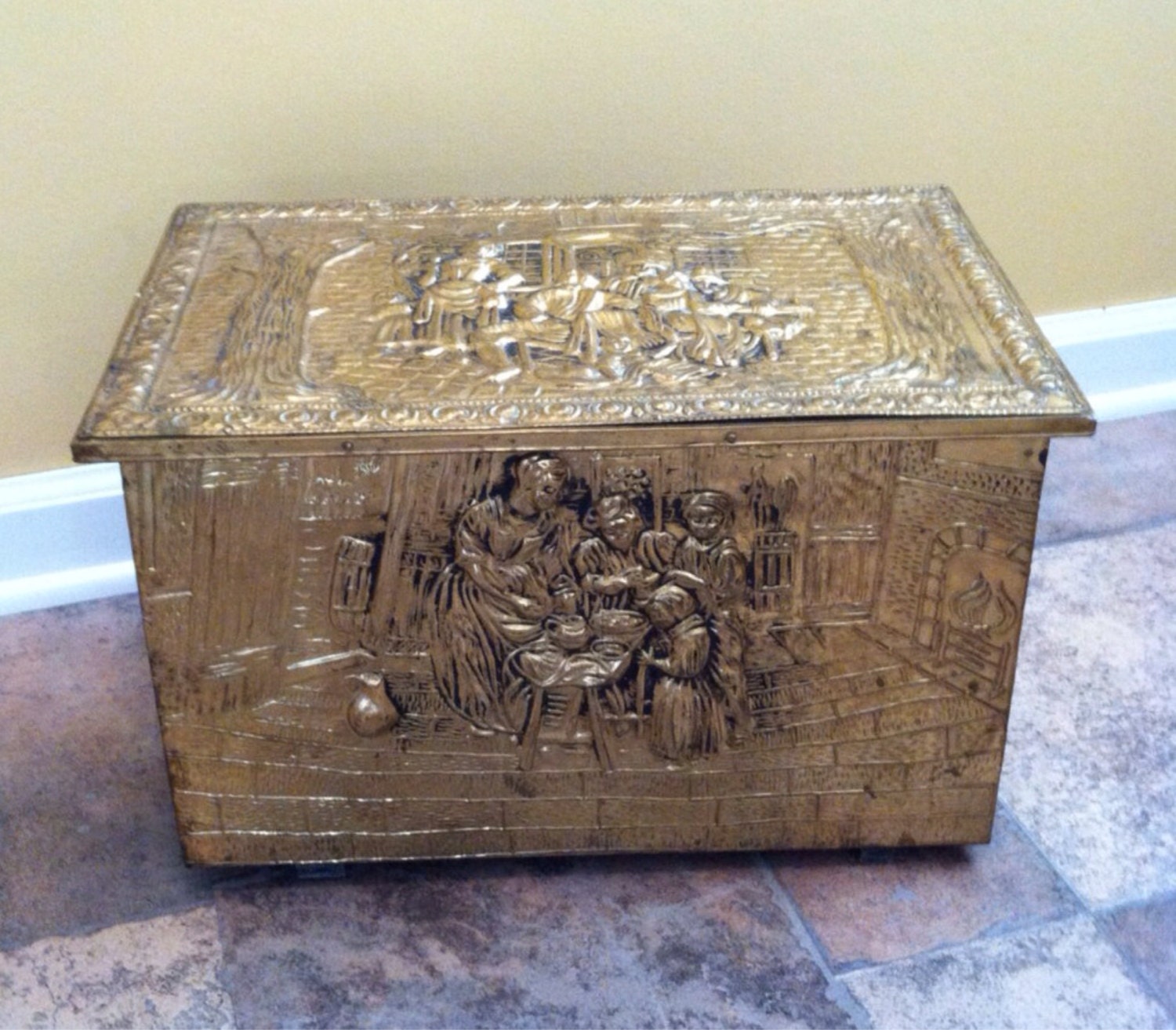 Embossed Brass Fireplace Kindling Storage Box; 1950’s – Haute Juice