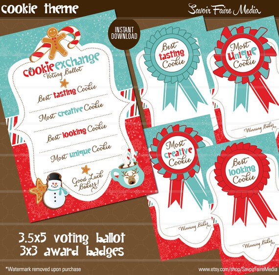 Holiday Cookie Exchange Voting Ballot and Award Badges // Cookie Swap ...