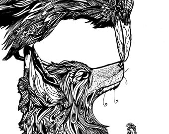 Fox & Crow Original Illustration dessin A3 encre imprimé psychédélique ...