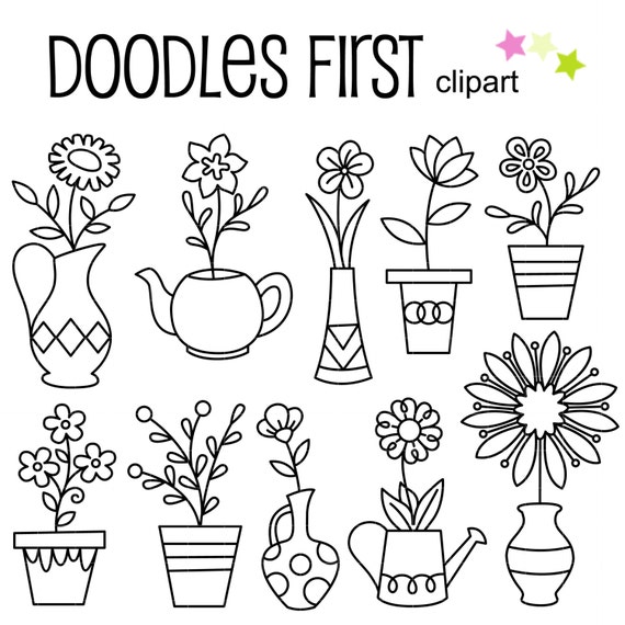 Doodle Potted Flowers Digital Clip Art for Scrapbooking Card