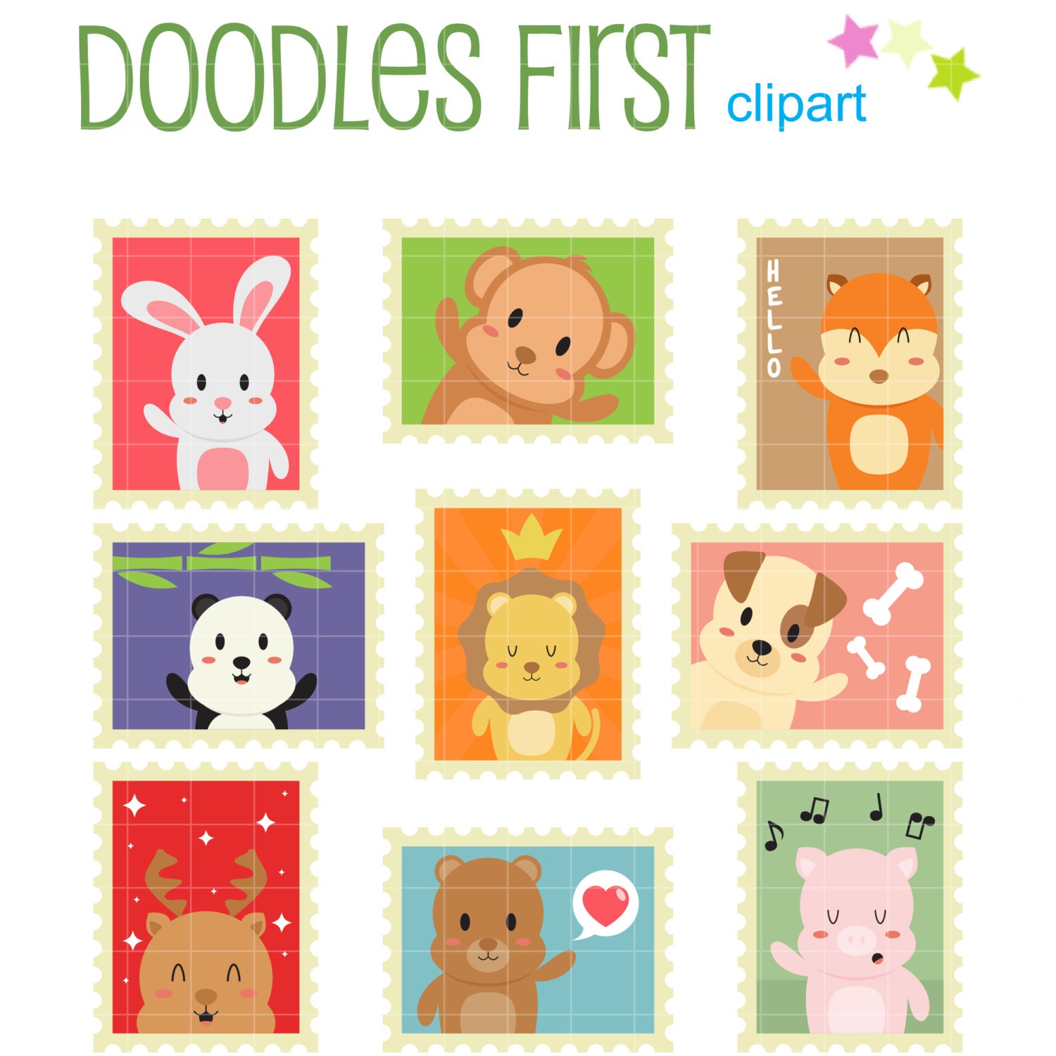 Cute Animal Stamps Digital Clip Art for Scrapbooking Card