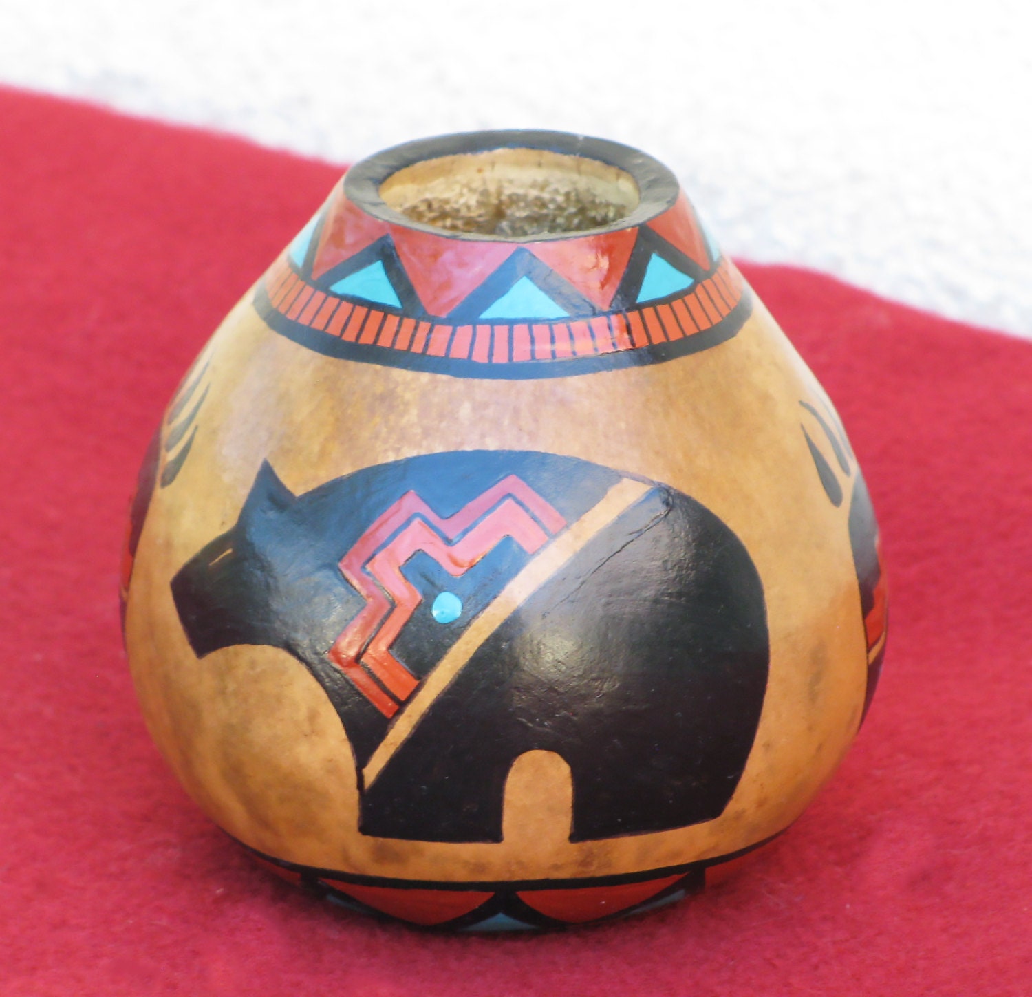 Southwestern Hand Painted Gourd Pot 658 Bear by AChristmasbyCarol