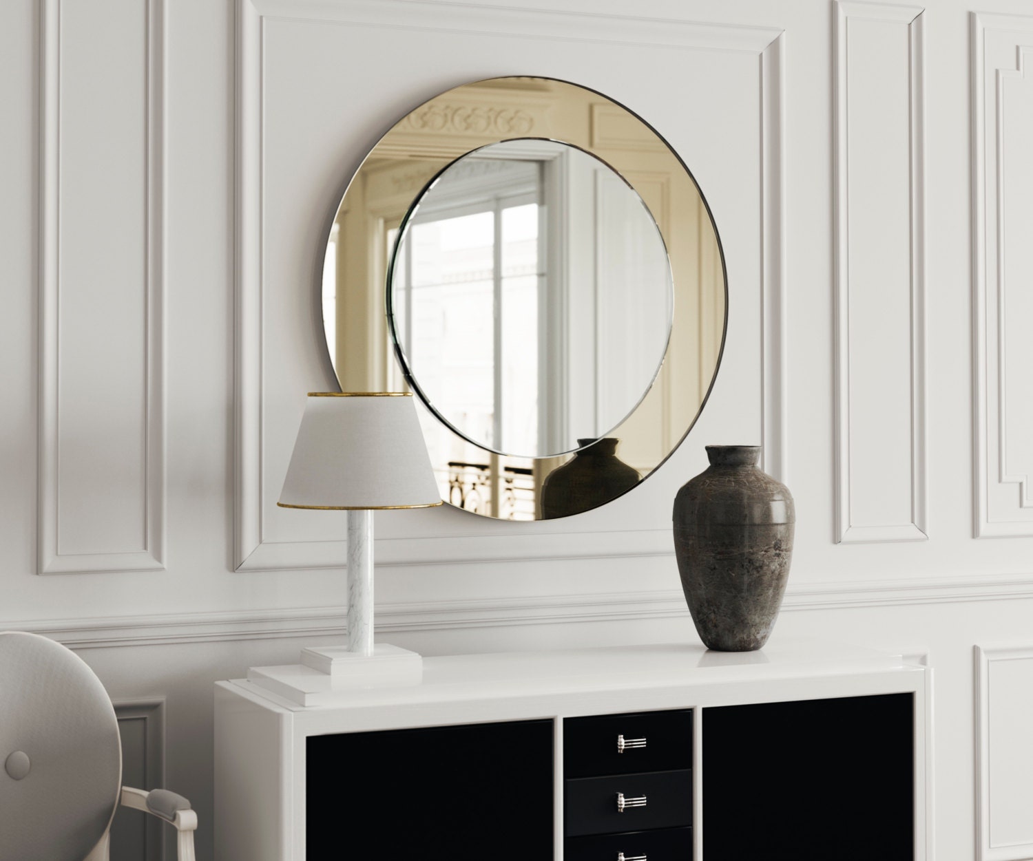 Round gold Mirror. Golden mirror with custom gold glass and