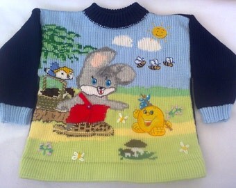 Knitted baby sweater for the boy(the Rabbit).Handmade .Cheerful sweater ...