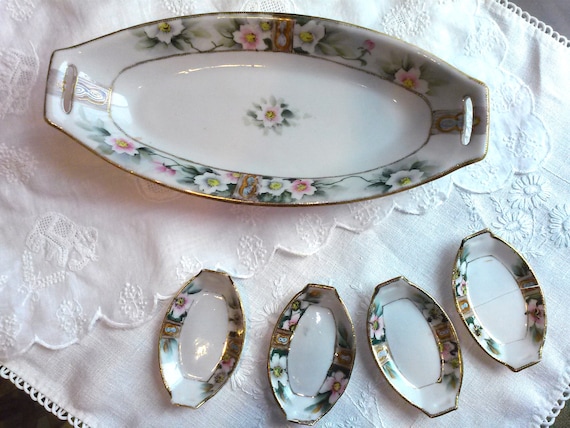 Antique Vintage Nippon Hand Painted Floral Celery Dish With